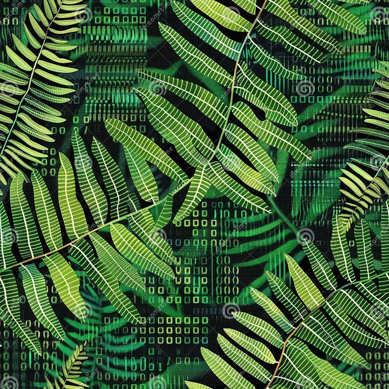 Digital Jungle: Green Binary Code and Fern Patterns Abstract Stock ...