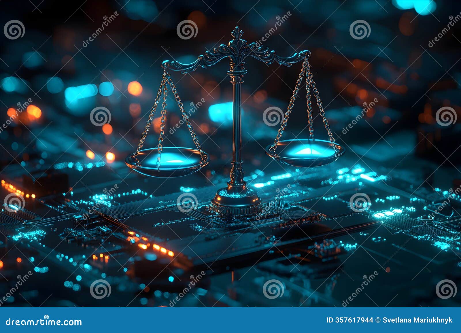 Digital Justice Concept with Glowing Scales and Circuit Board Elements ...