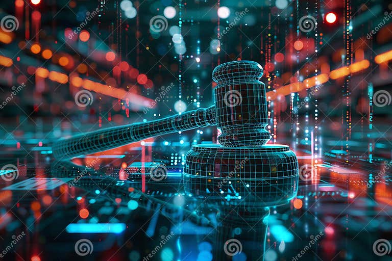 Digital Justice Gavel on a Network of Technology Stock Illustration ...