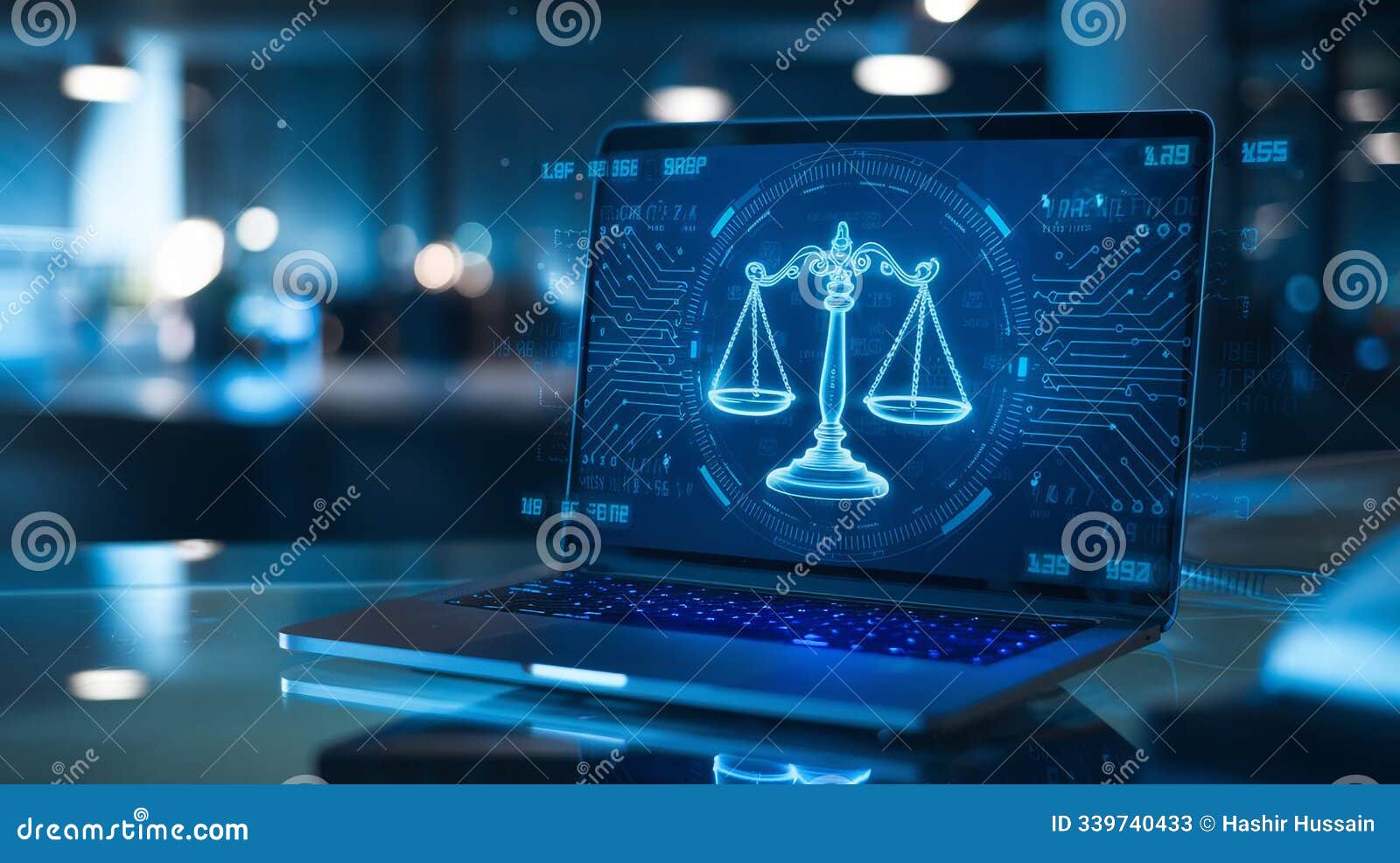 Digital Justice Scales of Justice on Laptop Screen Stock Illustration ...
