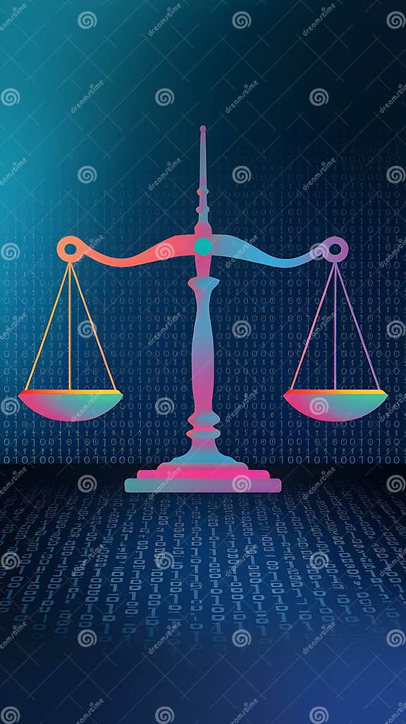 Digital Justice Scales Overlay Binary Code, Symbolizing Fairness in Technology Stock ...