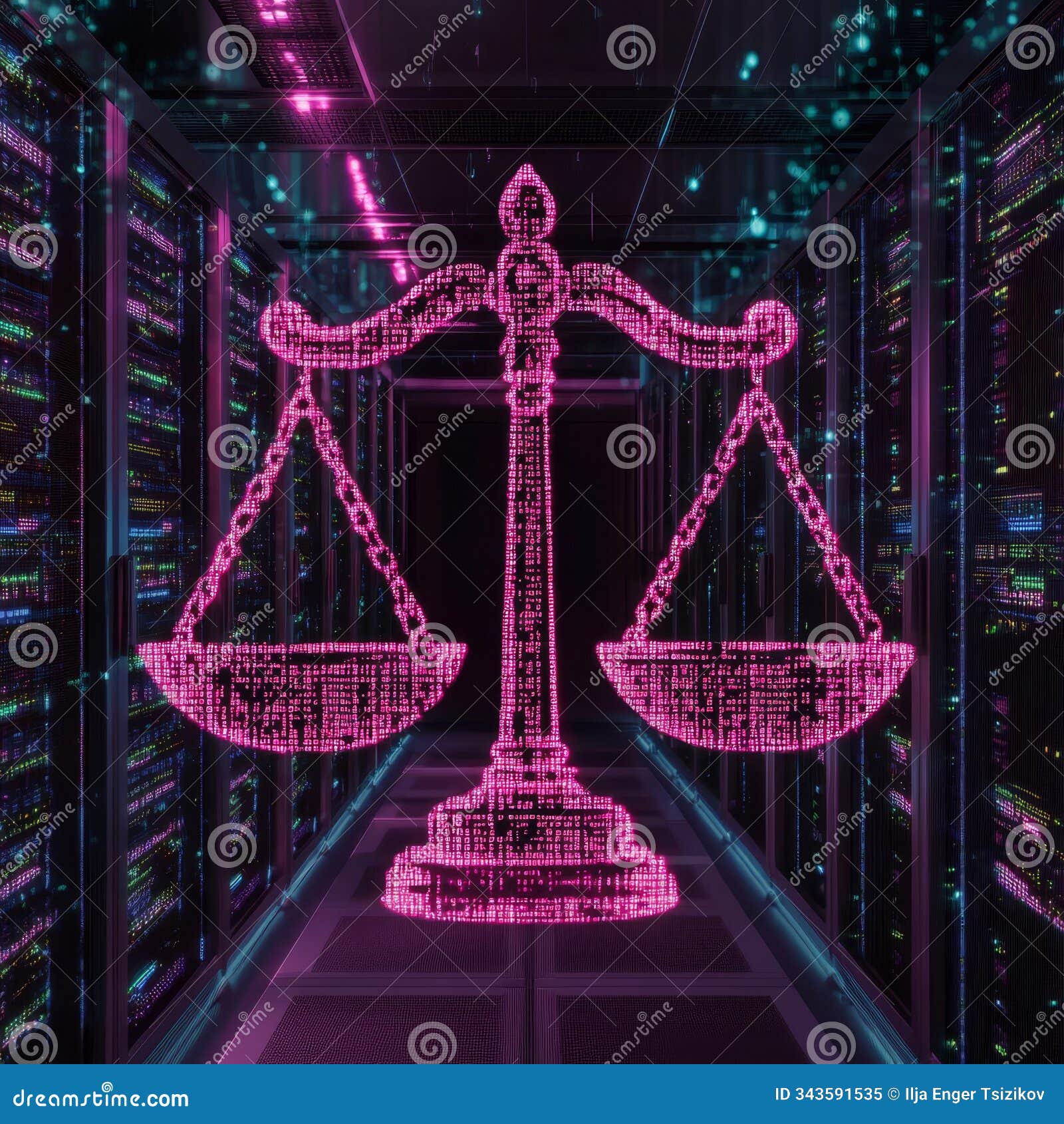 Digital Justice Scales of Justice Symbol in Server Room, Data Security ...