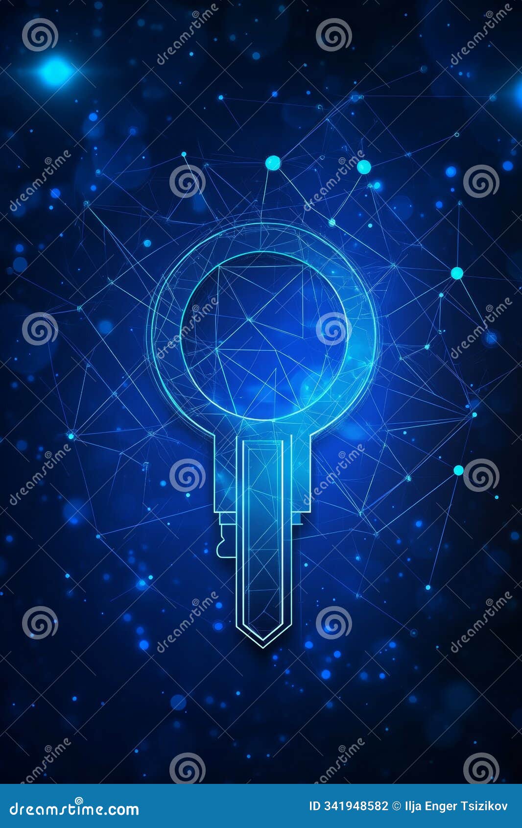 Digital Key with Wireframe Network Connection, Cybersecurity and Data ...