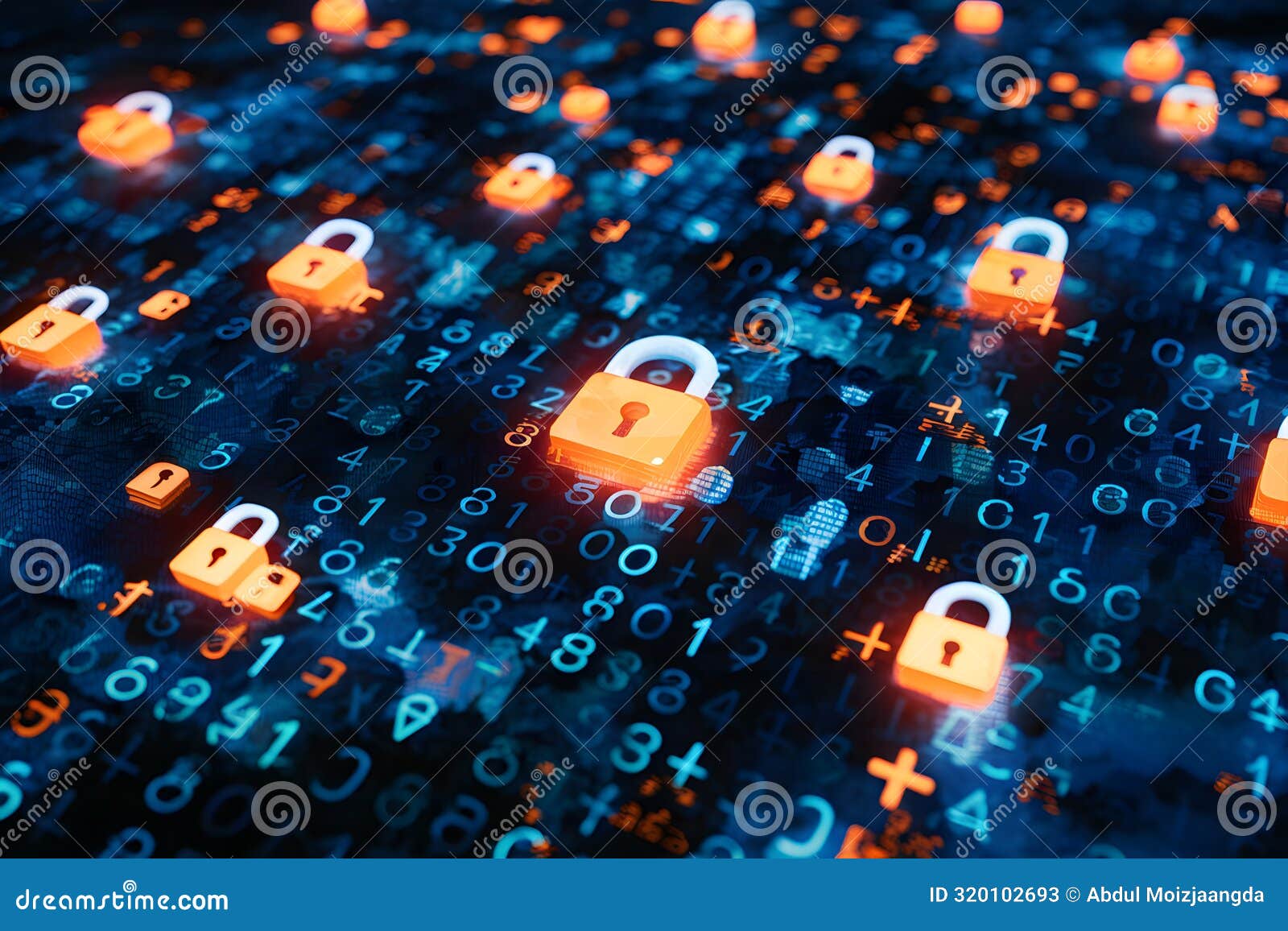 Digital Landscape with Alphanumeric Characters and Padlock Icons ...
