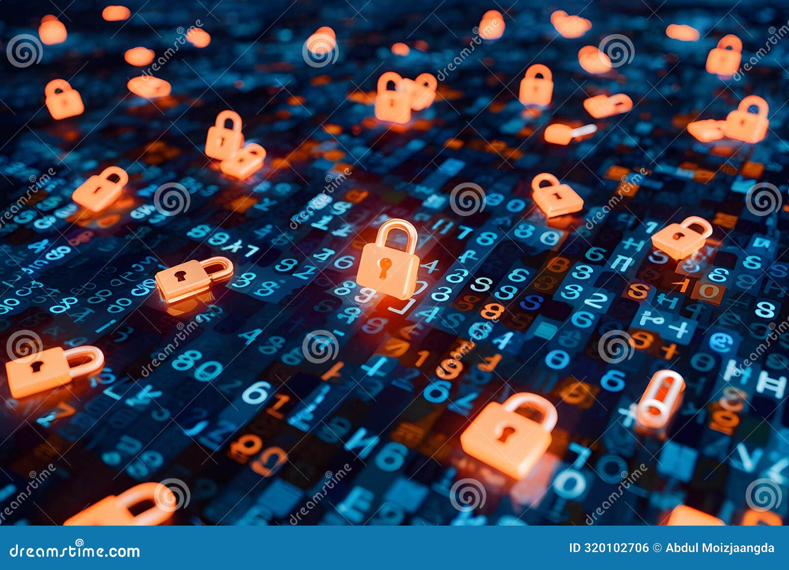 Digital Landscape with Alphanumeric Characters and Padlock Icons ...
