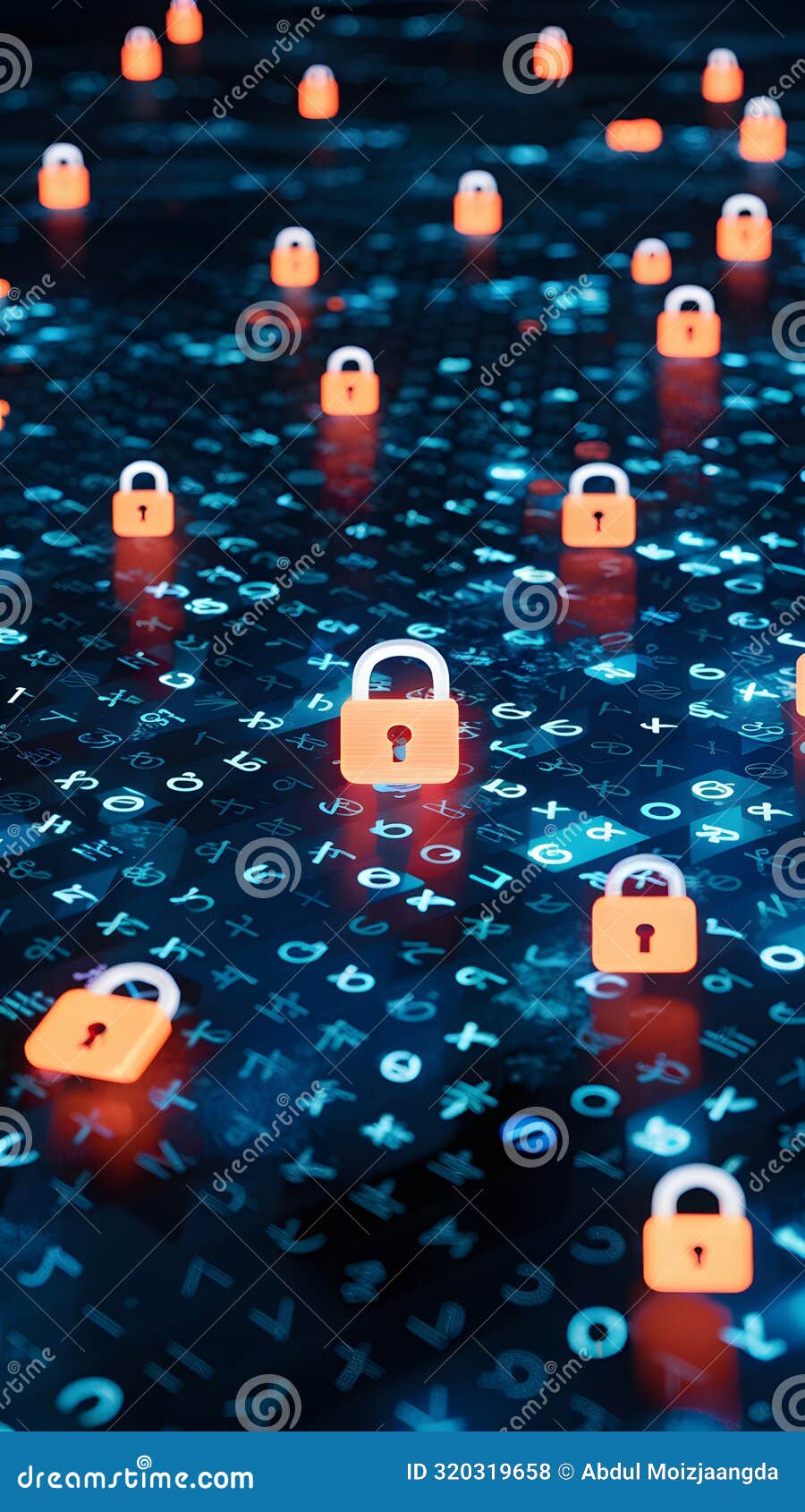 Digital Landscape with Alphanumeric Characters and Padlock Icons ...