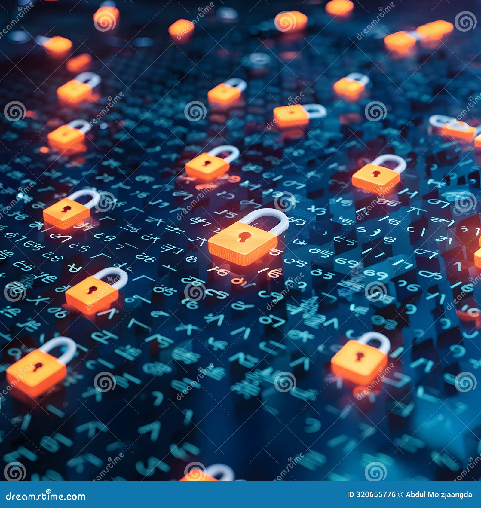 Digital Landscape with Alphanumeric Characters and Padlock Icons ...