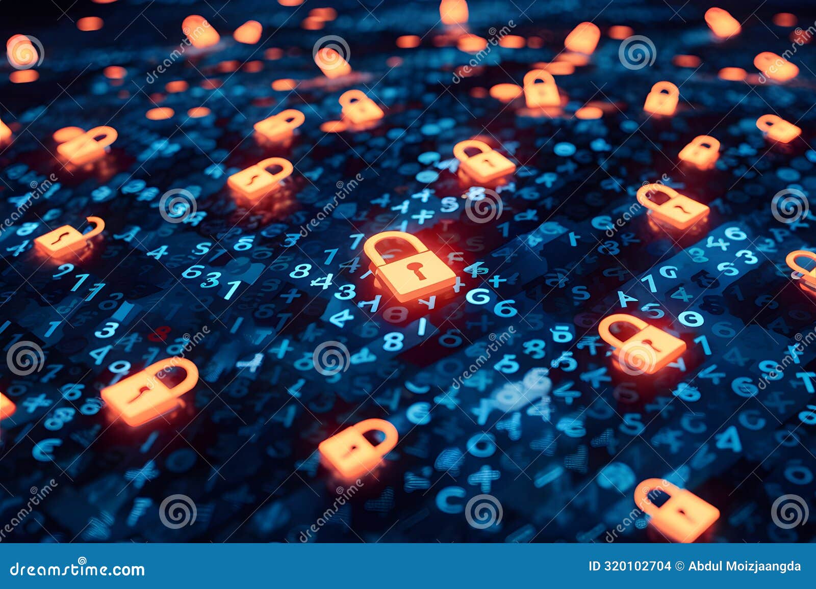 Digital Landscape with Alphanumeric Characters and Padlock Icons ...