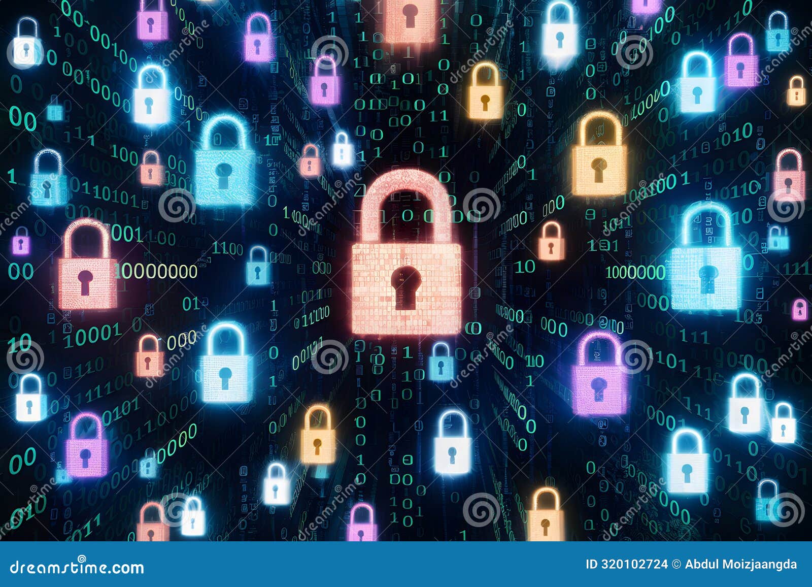 Digital Landscape with Binary Codes, Padlock Symbols, Vibrant Colors ...