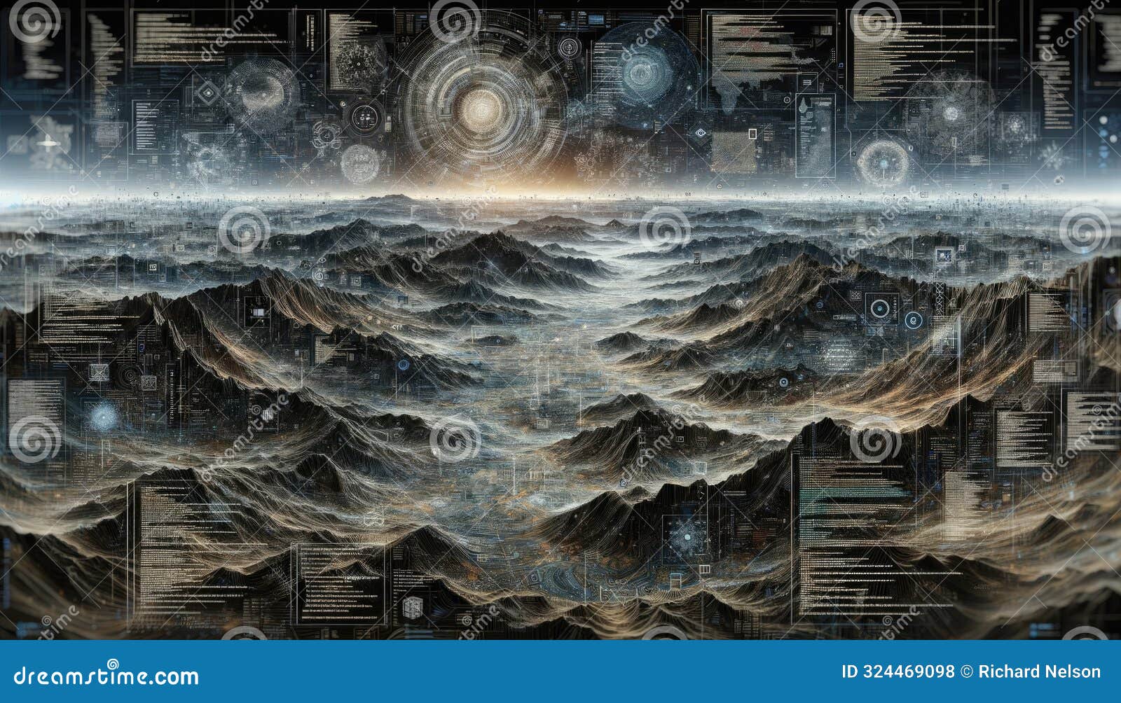 Digital Landscape with Data Overlays Stock Illustration - Illustration ...