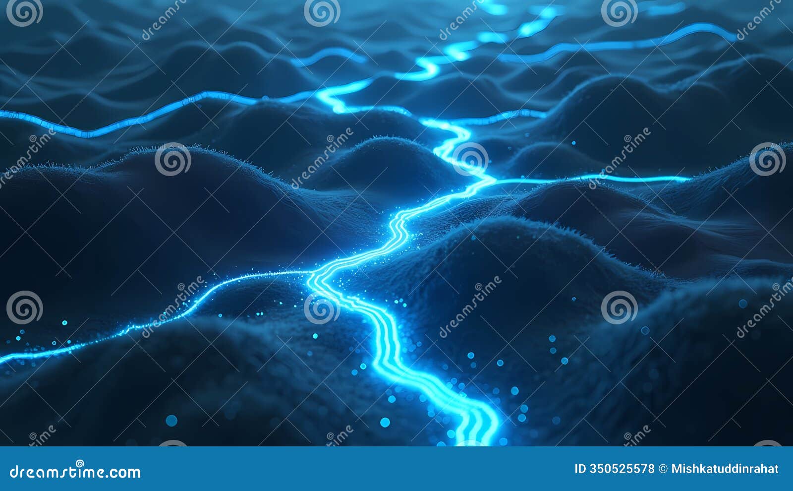 Digital Landscape Glowing Blue Pathways Shadowy Environment Stock Photo ...