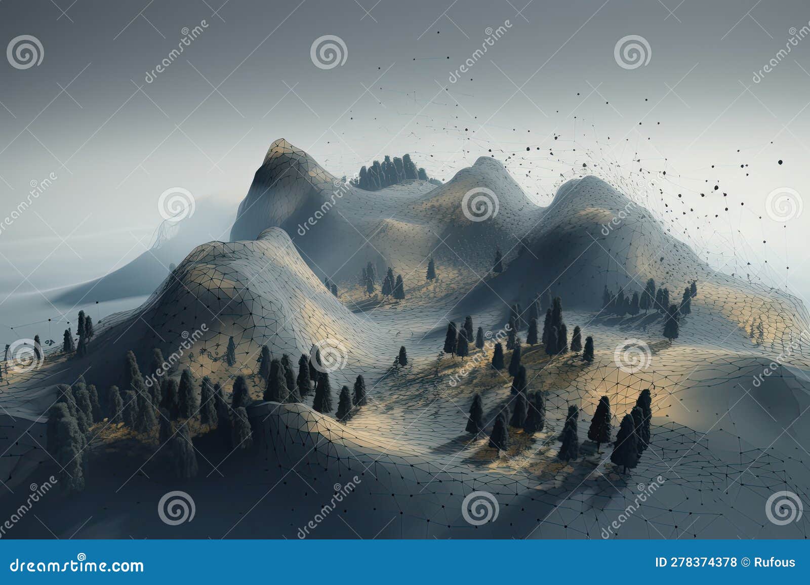 Digital Landscape Terrain Made of Dots, Grid Patterns and Particles Stock Illustration ...