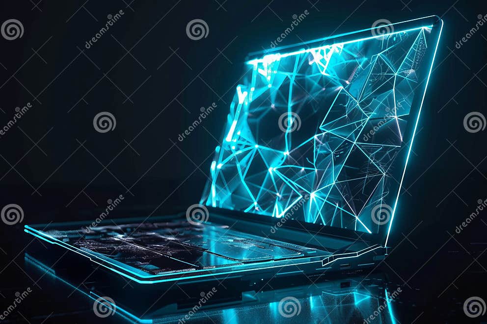Digital Laptop of Glowing 3d Triangular Polygons Stock Illustration ...