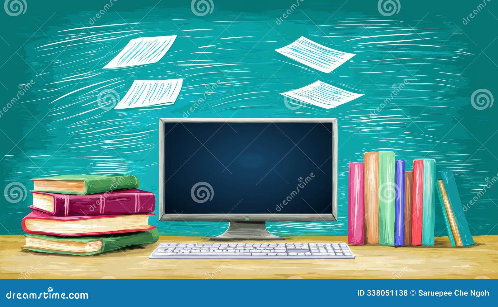 Digital Learning Education Concept with Computer Books and Floating ...