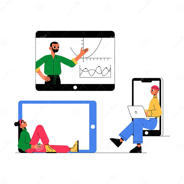 Digital Learning Platforms with Students and Teacher in Flat Vector ...