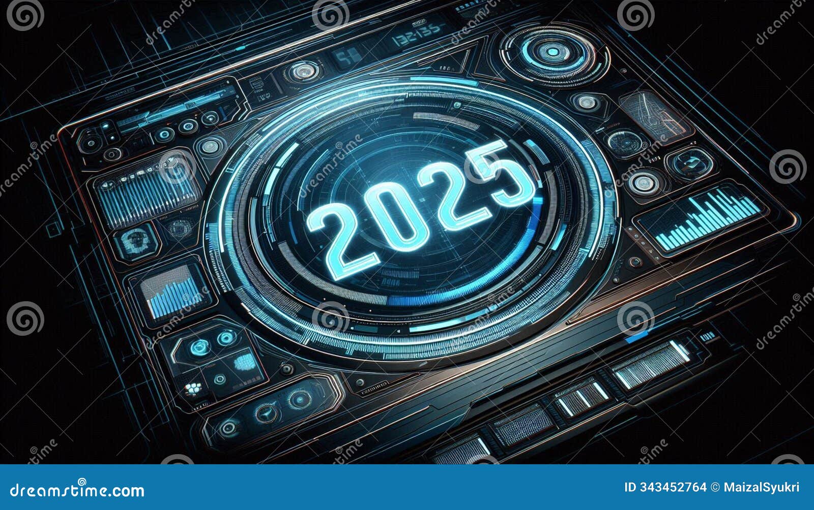 Digital LED "2025" on Futuristic Dashboard Stock Illustration ...