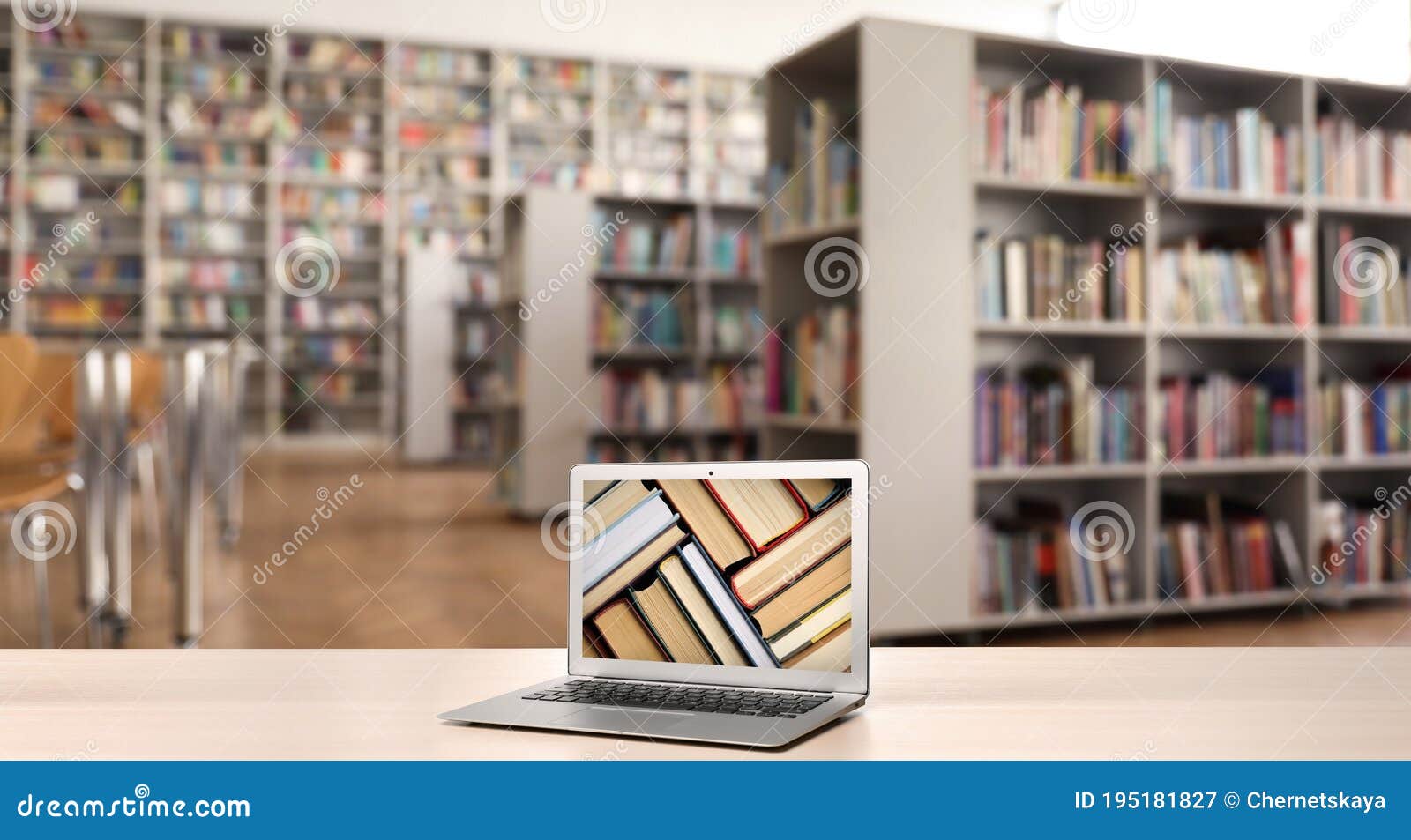 Digital Library Concept. Laptop on Table Indoors Stock Image - Image of ...