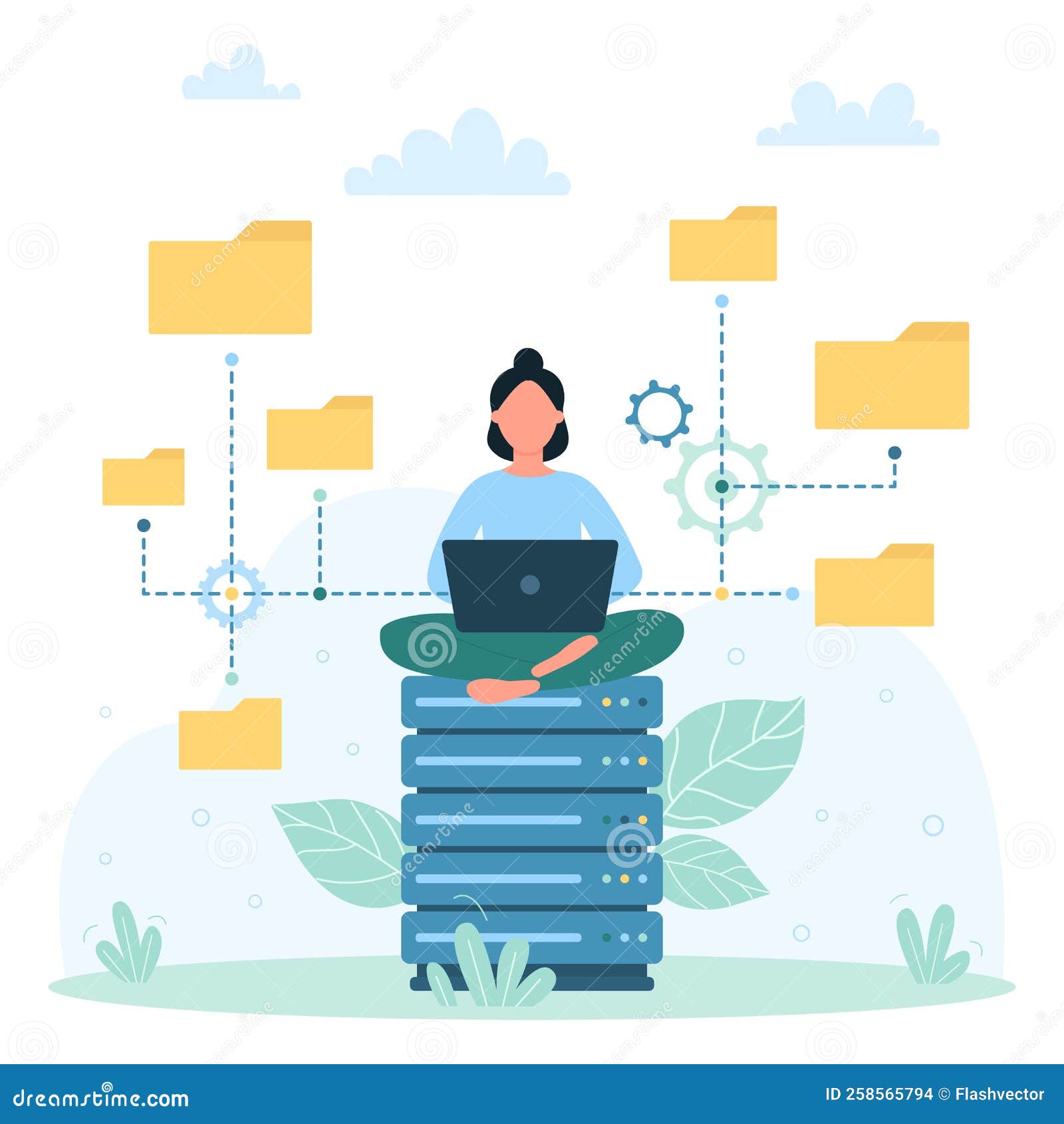 Digital Library, Management of Files and Documents, Tiny Woman Working ...