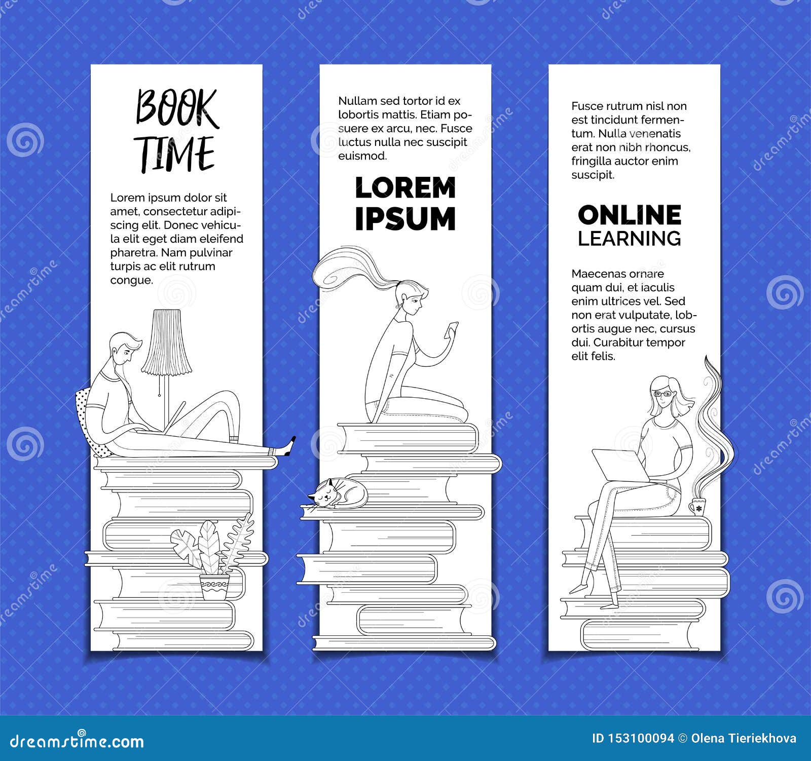 Digital Library Readers Outline Vector Templates Set Stock Vector ...