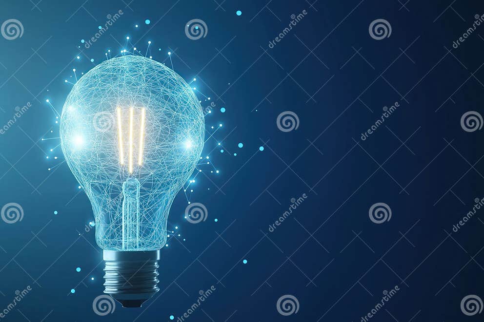 Digital Light Bulb on Blue Background. Modern Tech Concept for Creative ...