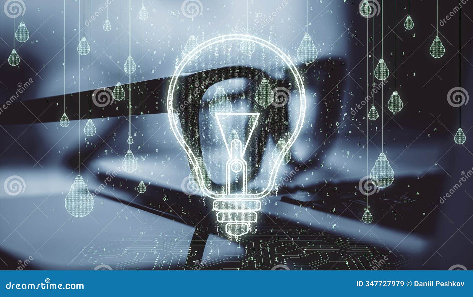 Digital Lightbulbs and Glowing Binary Code Overlay on Blurred Office Tools Background ...