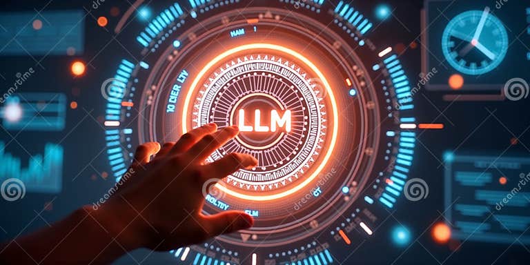 Hand Touching Glowing LLM Icon and Business Analytics Interface Stock ...