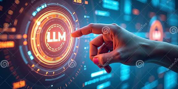 Hand Touching Glowing LLM Icon and Business Analytics Interface Stock ...