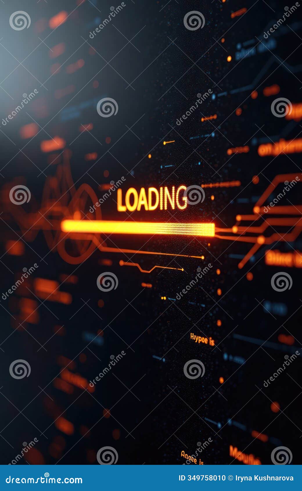Digital Loading Screen Shows Orange Data Stream. Golden Lines Show Tech ...