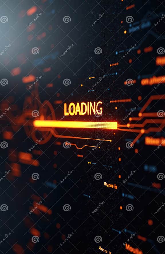 Digital Loading Screen Shows Orange Data Stream. Golden Lines Show Tech ...