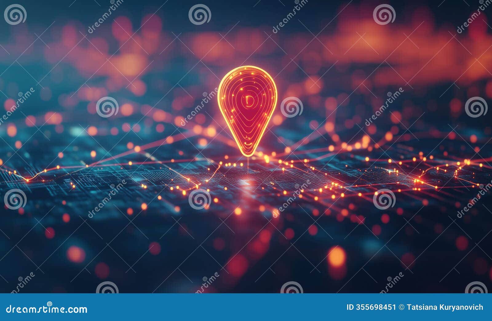 Digital Location Pin Glowing on Network Map with Connections and Data ...
