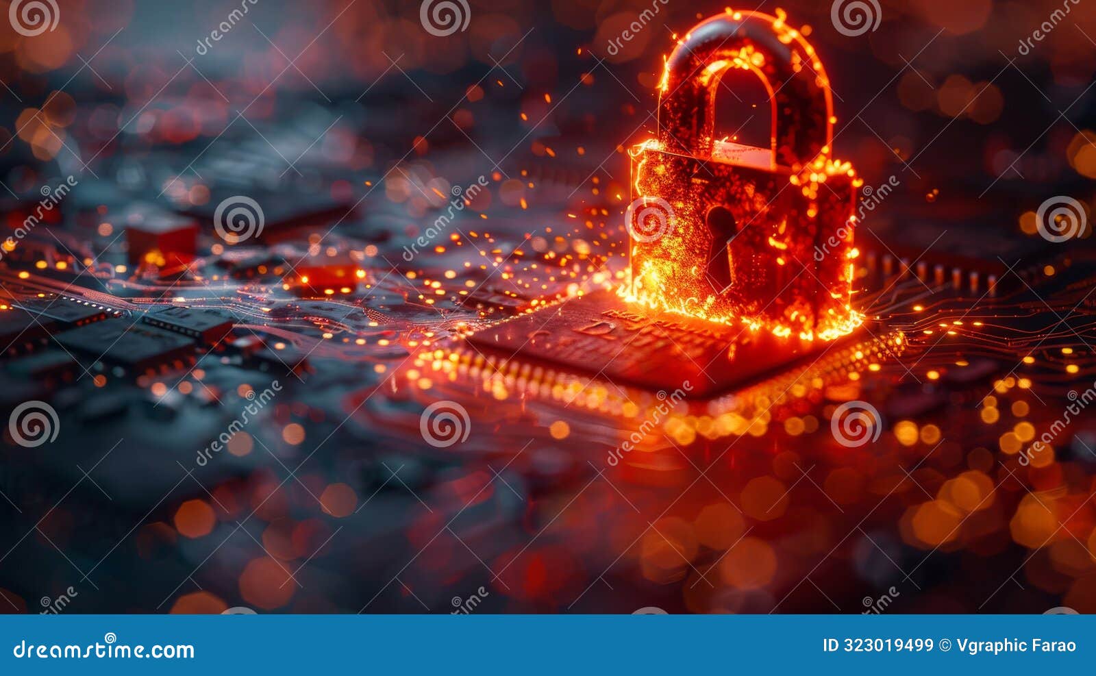 Digital Lock with Glowing Circuits on Computer Motherboard ...