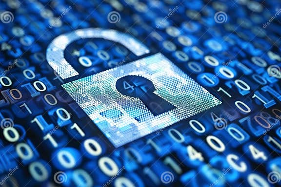 Digital Lock Icon on a Blue Binary Code Background, Representing Data ...