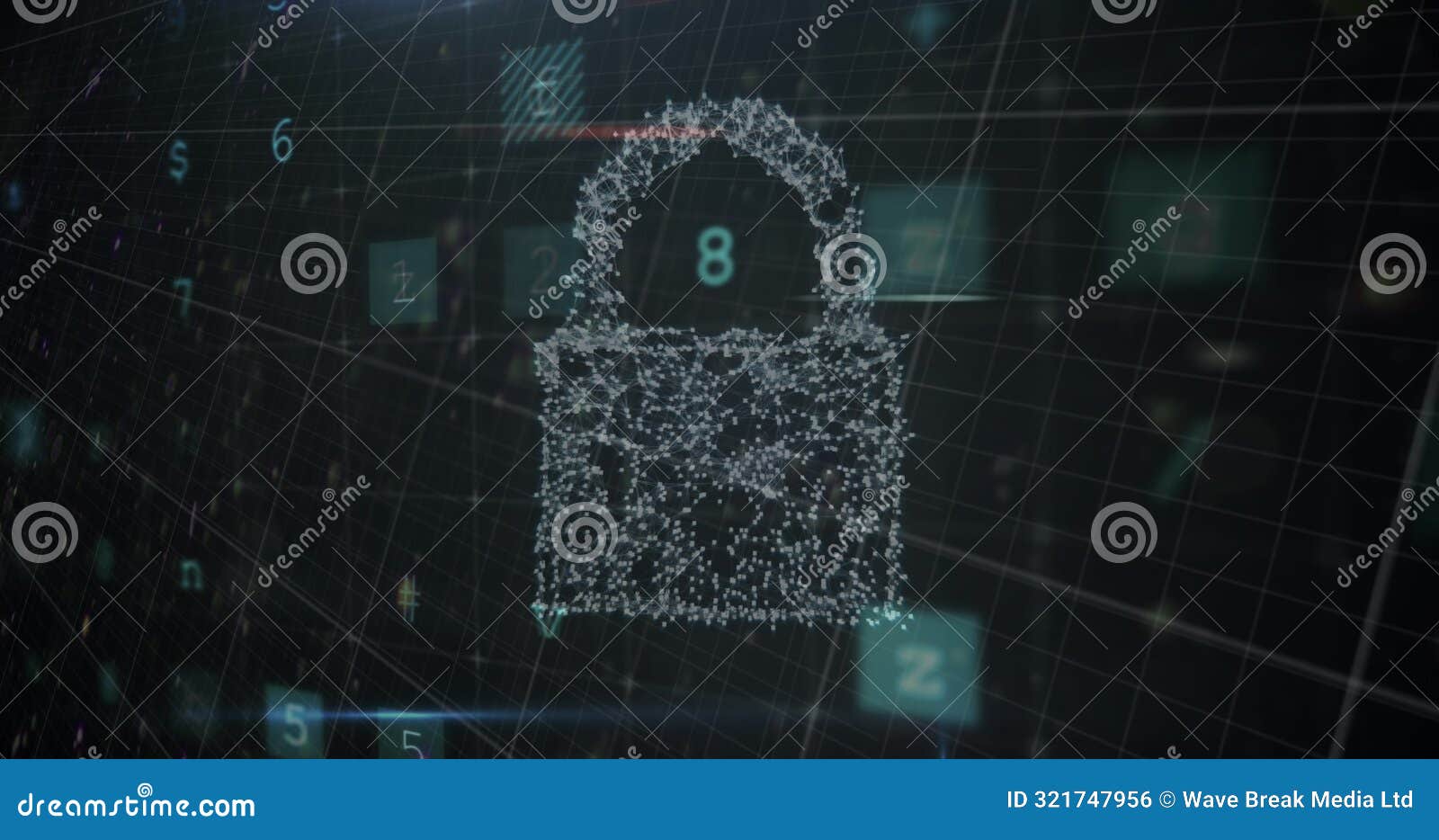 A Digital Lock Icon Composed of Particles is Floating in Virtual Space ...