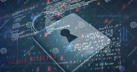 A Digital Lock Icon Surrounded by Various Codes and Text MALWARE DETECTED Stock Illustration ...