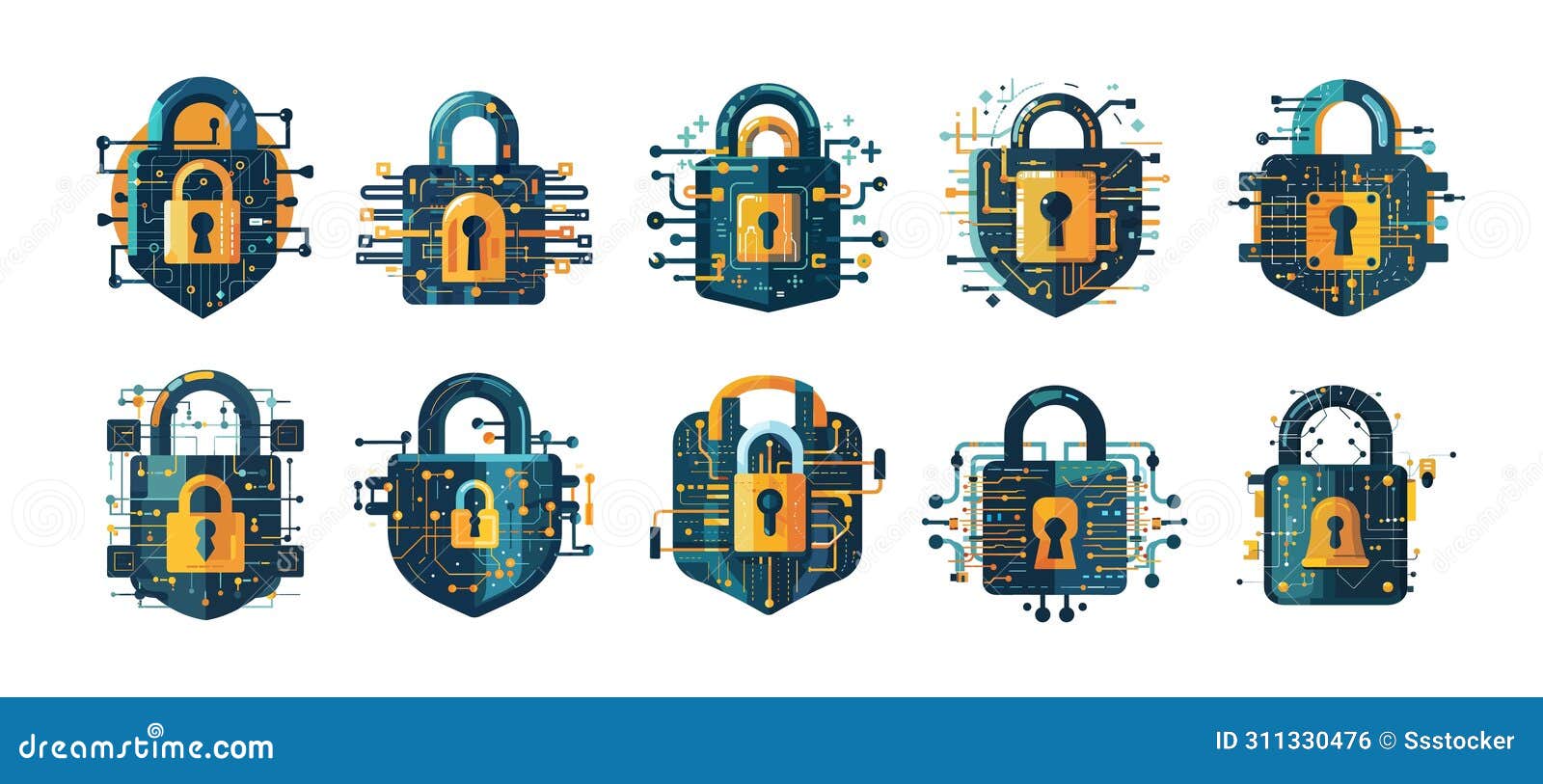 Digital Lock Logos Cartoon Vector Set. Cyber Security Concepts Data ...