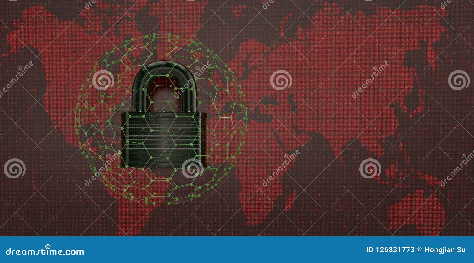 Digital Lock on Red Digital World Map. 3D Illustration. Stock ...