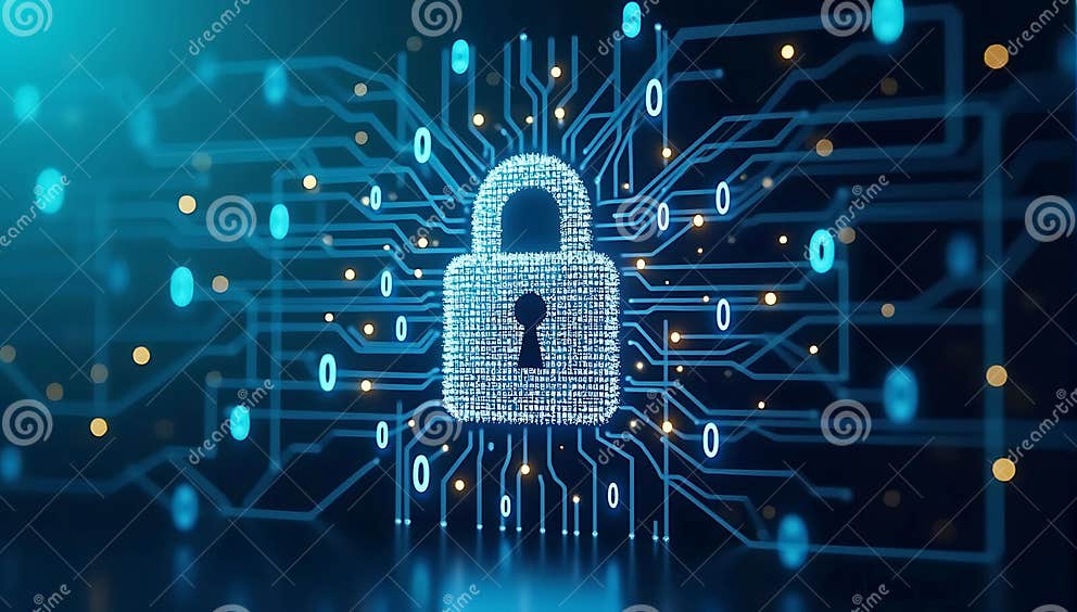 A Digital Lock Surrounded by Glowing Binary Code and Encrypted Symbols, Representing Secure Data ...