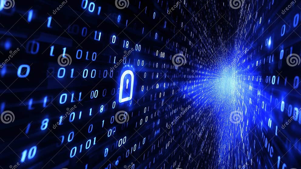 Digital Lock Symbol in Futuristic Data Stream Futuristic Data Stream Digital Lock Binary Code ...
