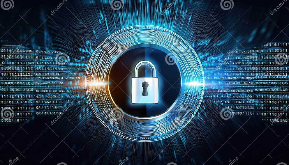 Digital Lock Symbol Surrounded by Glowing Binary Code and Circular ...
