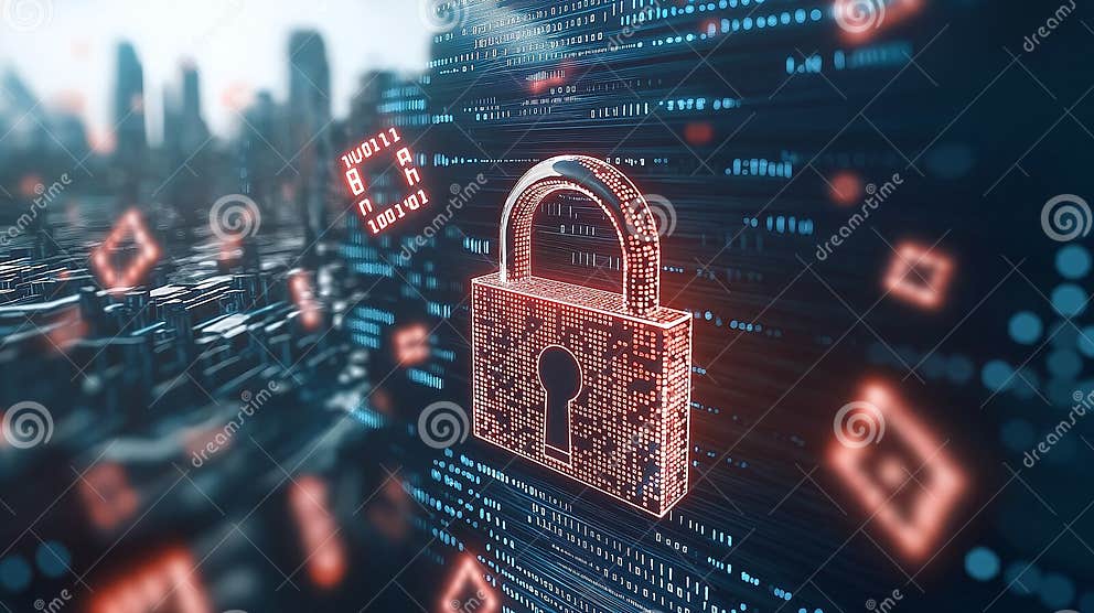 Digital Lock Symbolizing Cybersecurity Surrounded by Binary Code and Data Patterns Represents ...