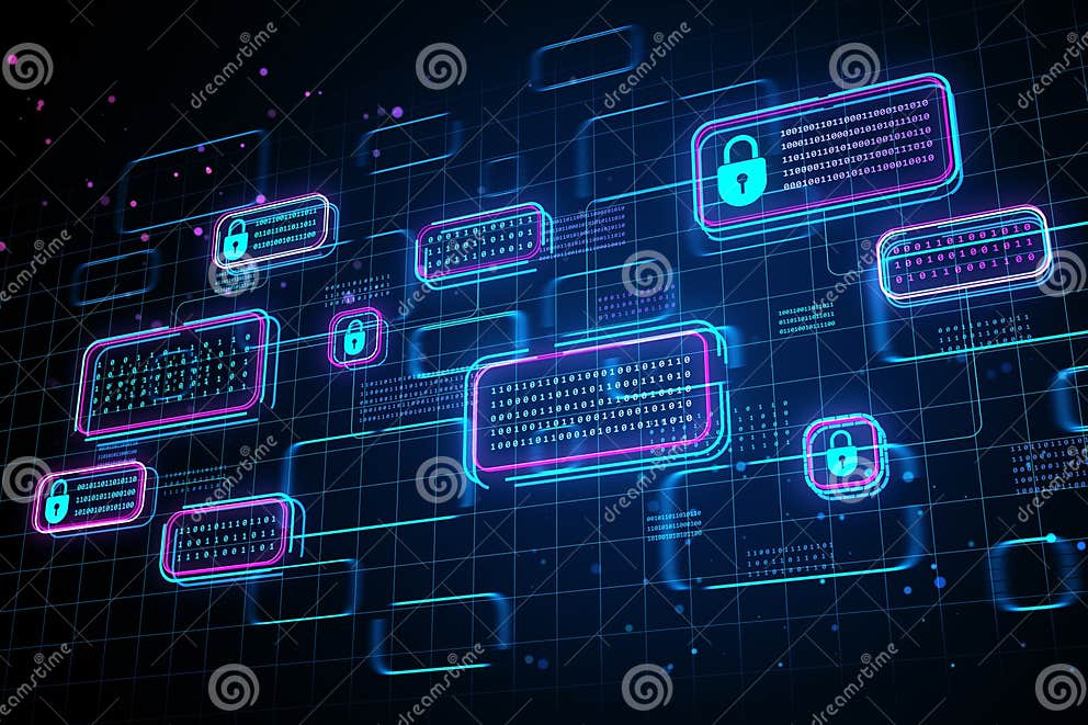Digital Locks And Binary Code On A Futuristic Grid Backdrop 3d