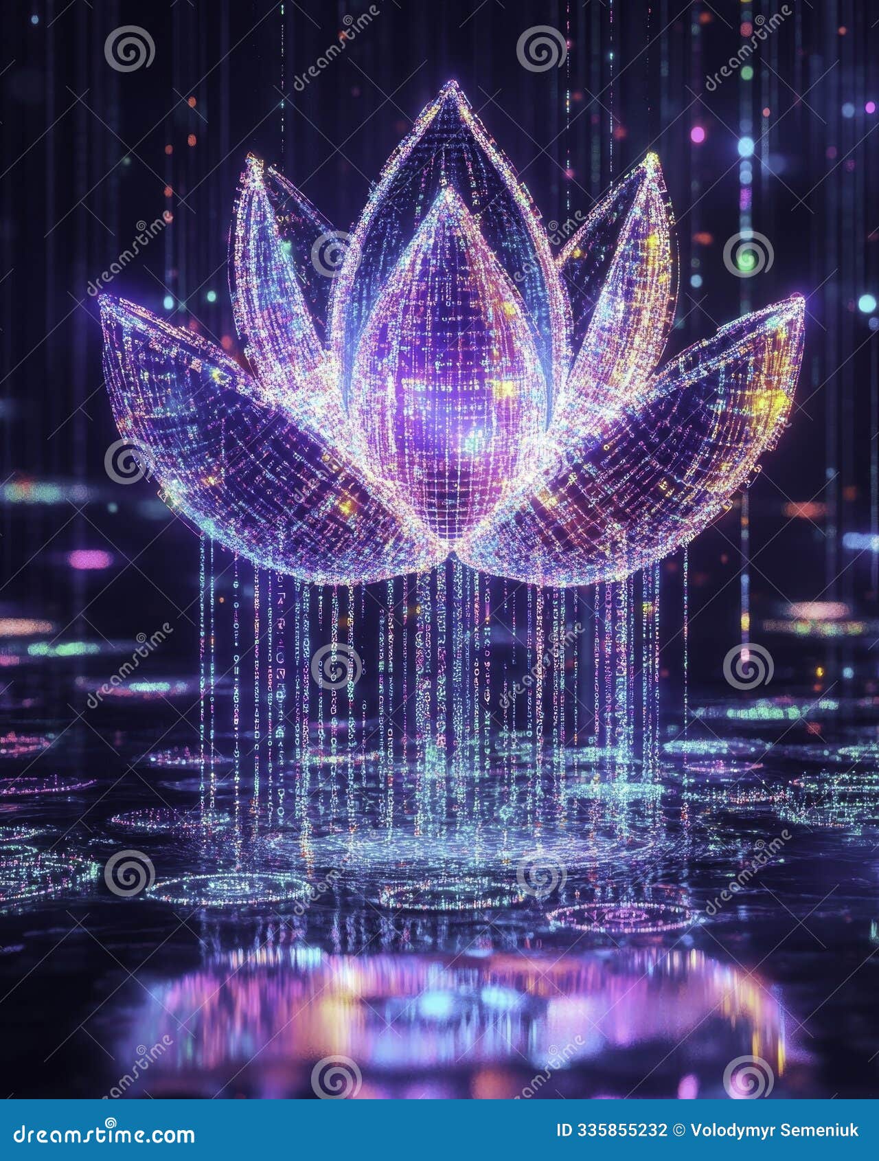 Lotus Flower Illuminated by Vibrant Rainbow Lights with Digital Binary ...