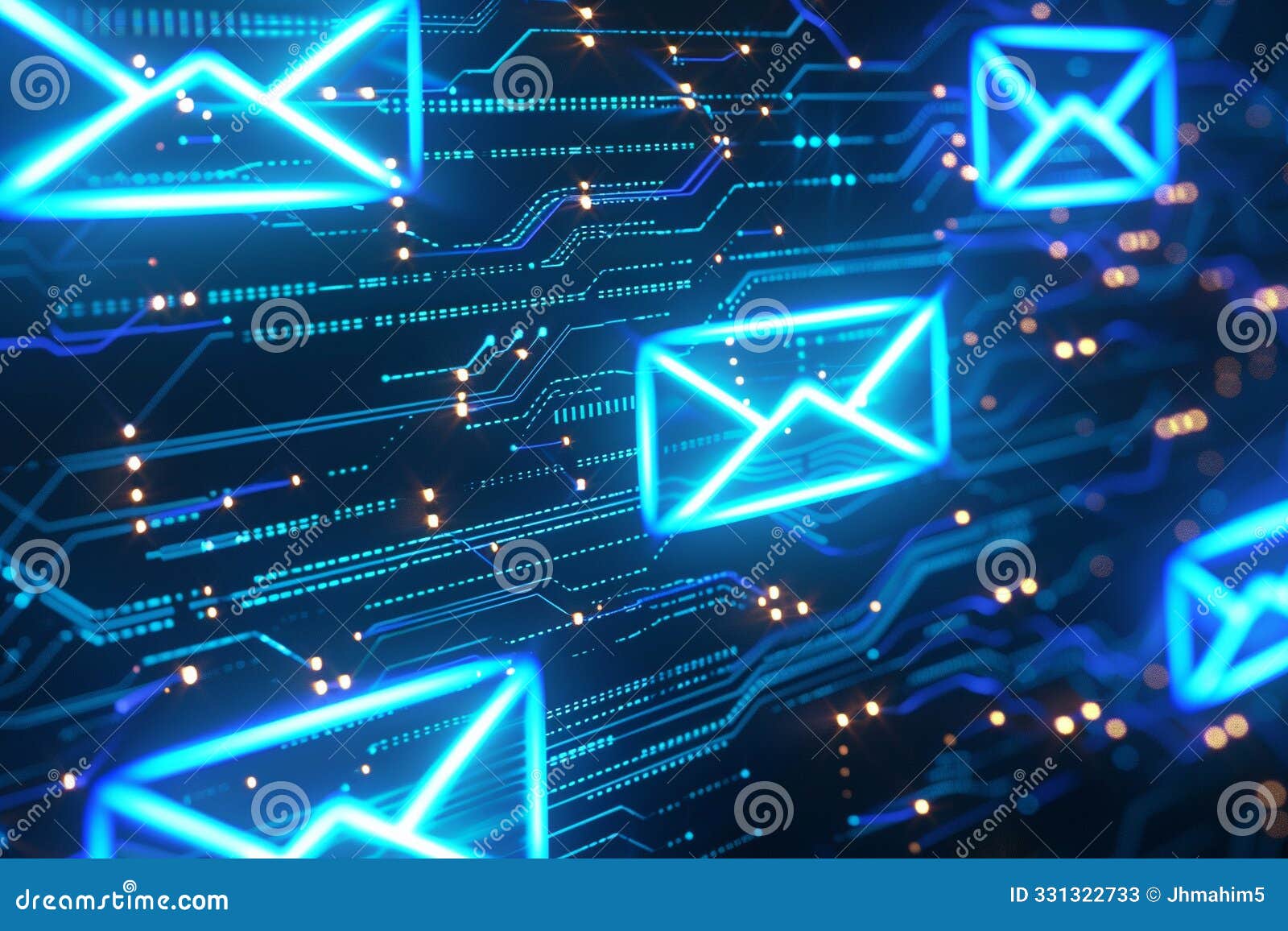 Digital Mailbox Glowing Blue Email Symbols on Abstract Circuit Board ...