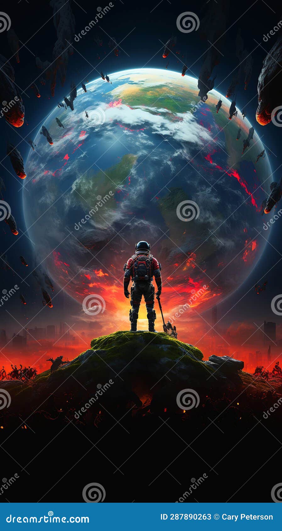 Asteroids War: a Digital Man Stands on a Hill, Sword in Front, P Stock ...