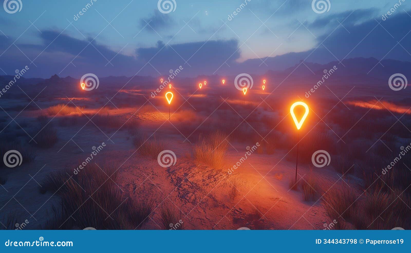 A Digital Map of the Desert Has Been Compiled with Glowing Pins Stock ...