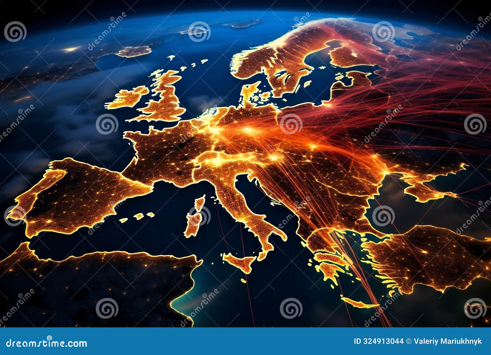Digital Map of Europe with Bright Lights and Network Lines Depicting ...