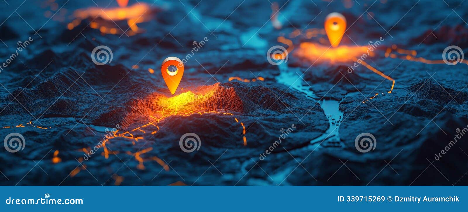 A Digital Map with Glowing Location Pins on a Blue Background, a ...