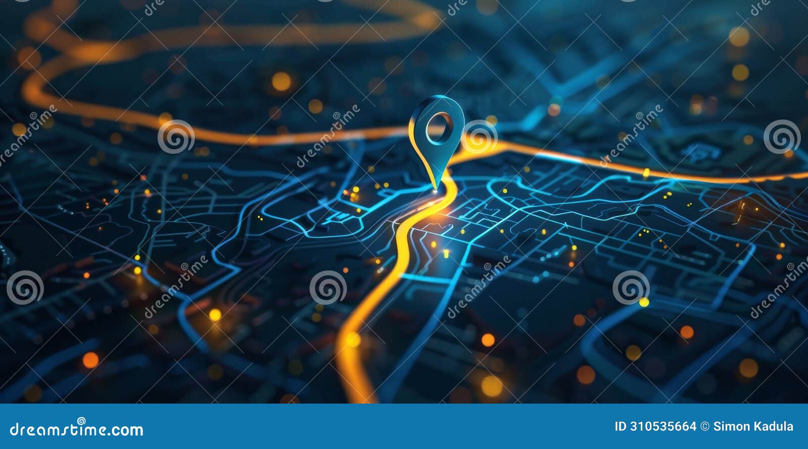 Digital Map with GPS Location on Map with Pin Route Path with Yellow ...