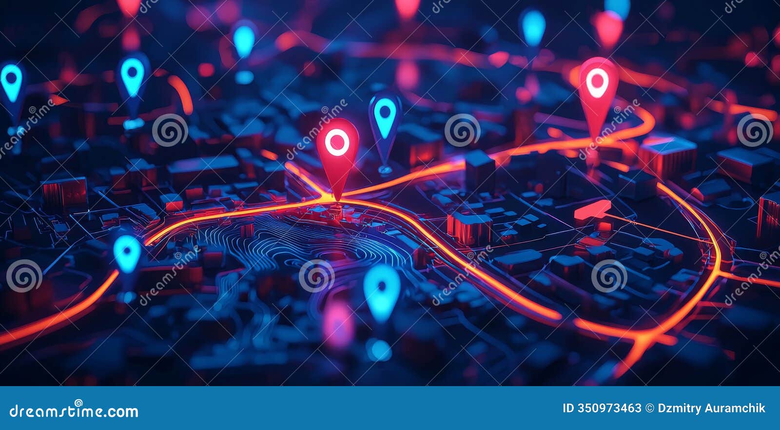 Digital Map with GPS Location Pins and Connectivity Routes Illuminated ...