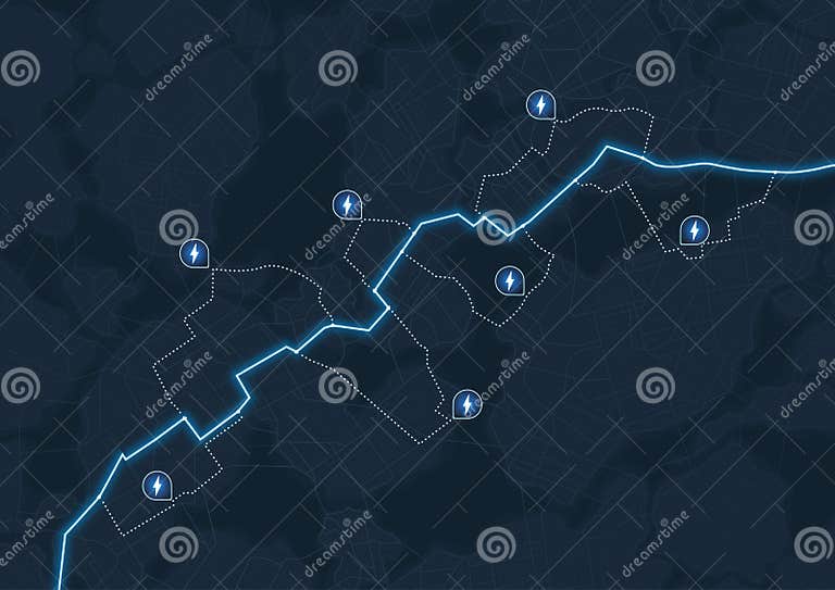 Digital Map with Highlighted Blue Line Route. Map Features Several with ...